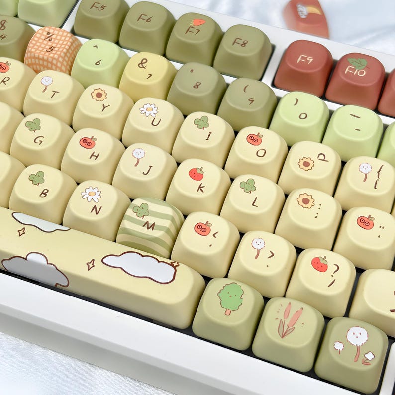 Cute Khaki Keycaps Set – Green Kawaii Custom Artisan PBT Keycaps for ...