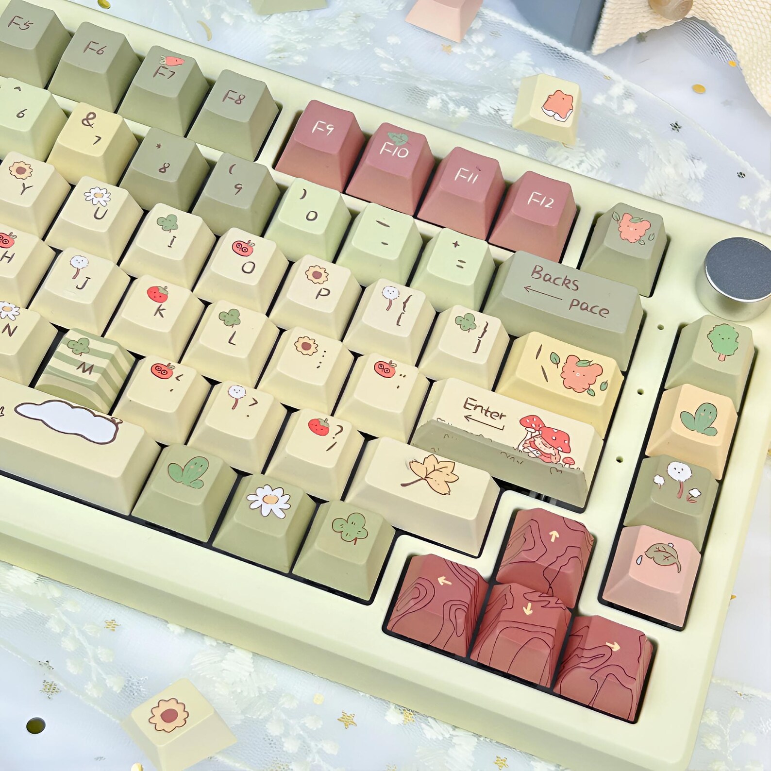 Cute Khaki Keycaps Set – Green Kawaii Custom Artisan PBT Keycaps for ...