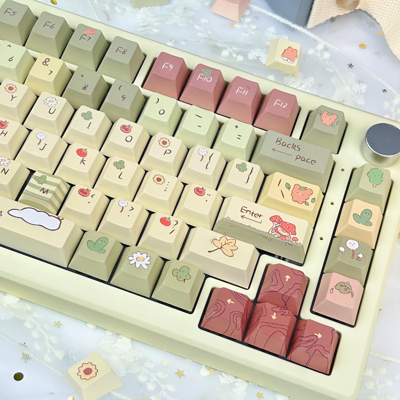 Cute Khaki Keycaps Set – Green Kawaii Custom Artisan PBT Keycaps for ...
