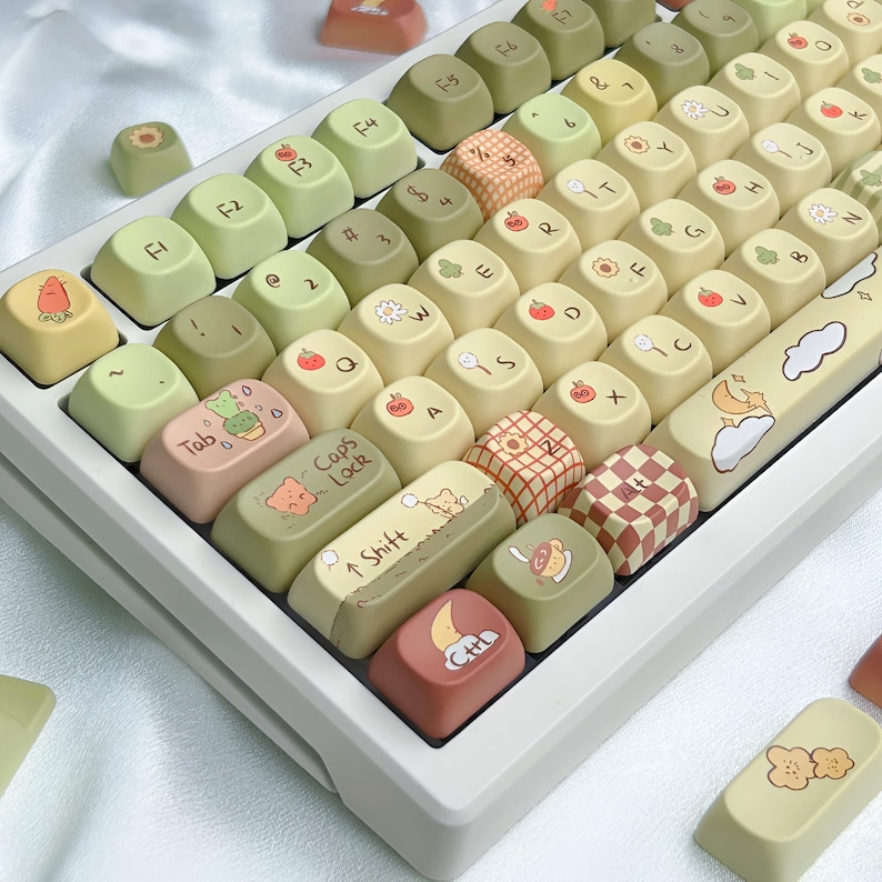 Cute Khaki Keycaps Set – Green Kawaii Custom Artisan PBT Keycaps for ...