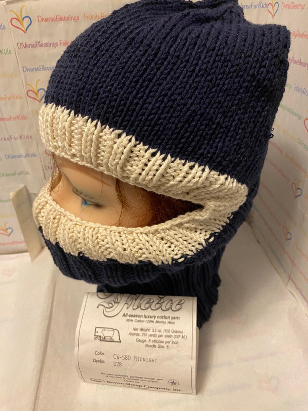 Balaclava, Cotton Wool Blend Yarn, BLUES, Hand Knitted, Face Cover ...