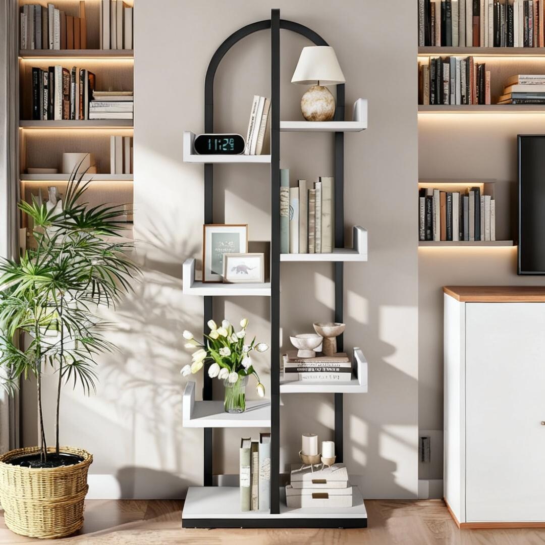 Curved Corner Bookshelf 6-tier |space-saving Bookcase With Staggered ...