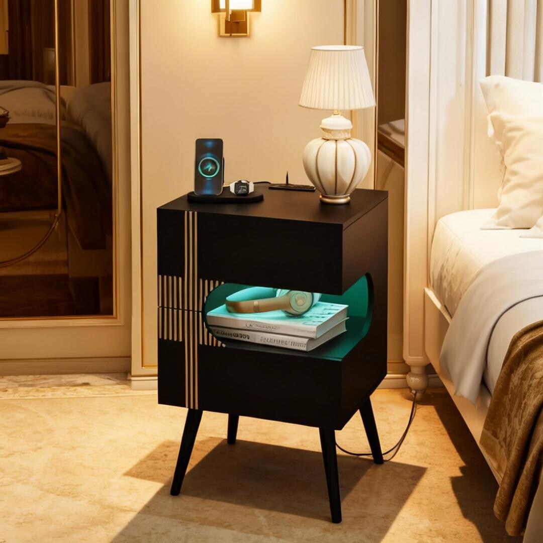 Modern Black Nightstand With Charging Station & LED Lights, Bedside ...