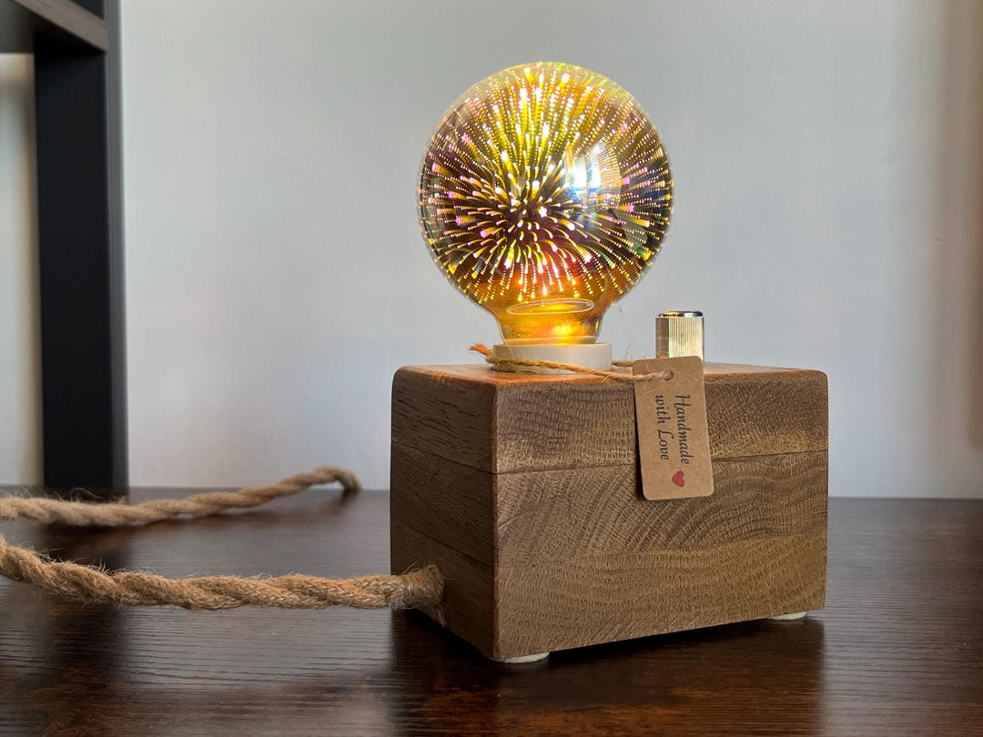 Handcrafted Oak Block Lamp – Beeswax Finish, Jute Cable & 3D Fireworks ...