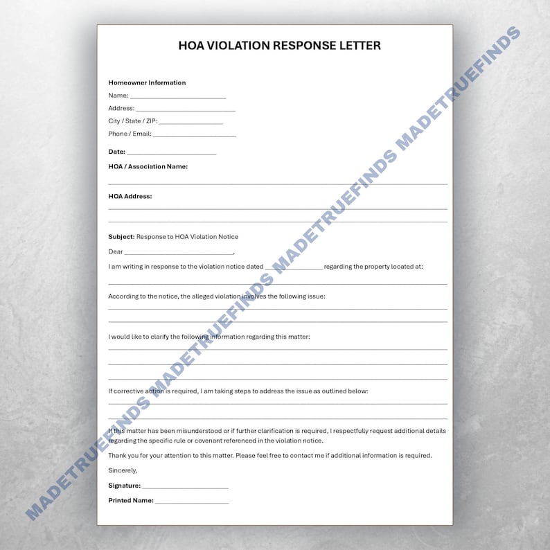 HOA Violation Response Letter Template - Etsy