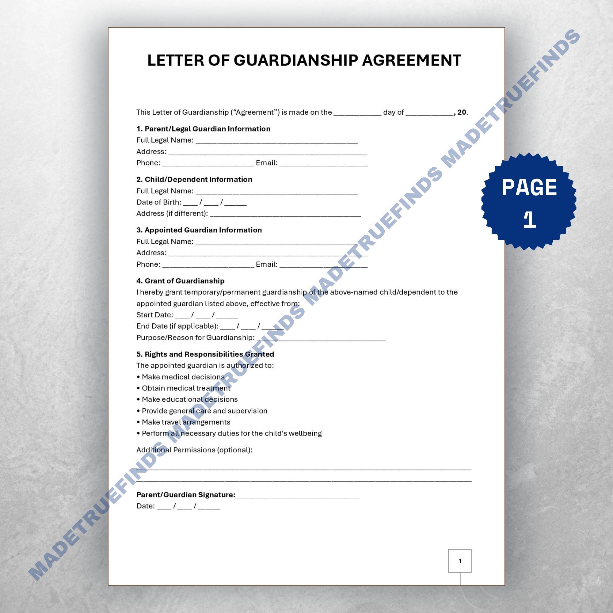 Editable Letter of Guardianship Template - Etsy