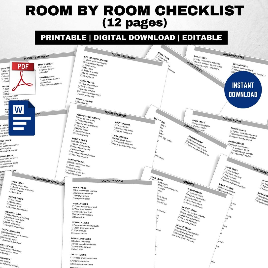 Room-by-room Home Checklist Bundle. 12 Editable Cleaning & Organization ...