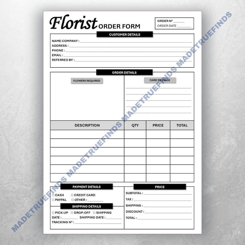Florist Order Form Template | Editable Flower Shop Invoice (digital ...
