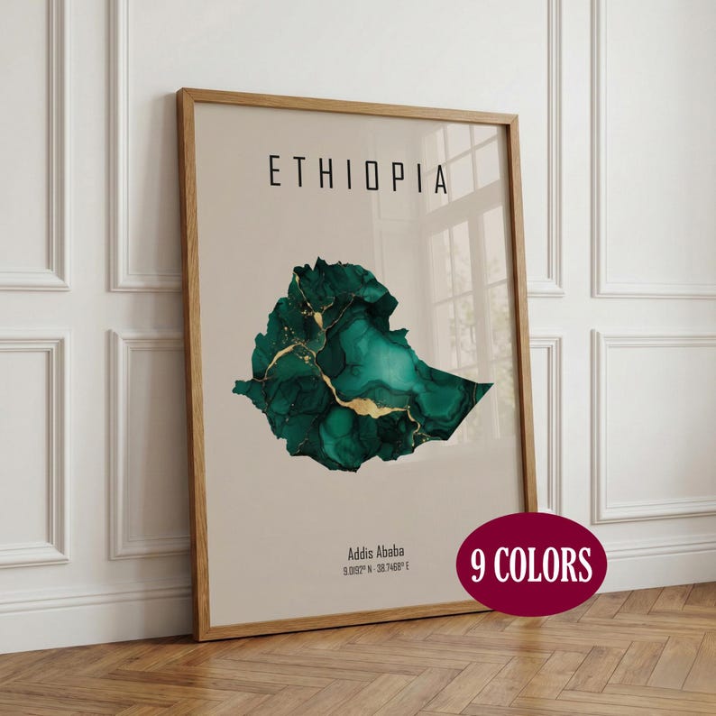 Ethiopia Map Poster, Addis Ababa Art With Coordinates, Minimalist ...