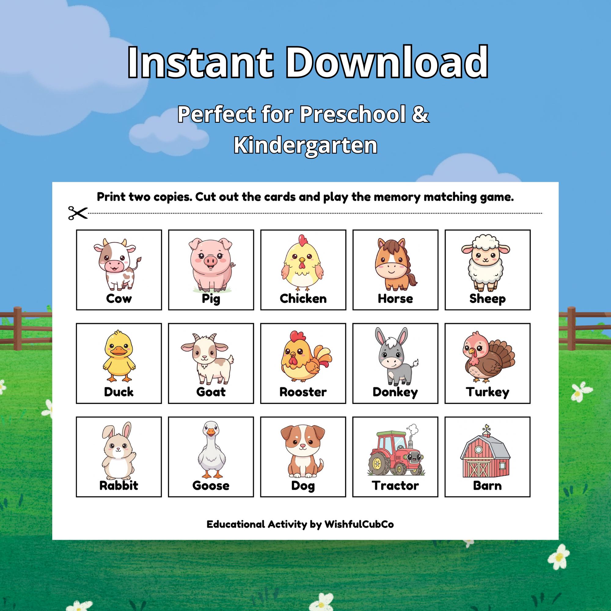 Farm Animals Memory Game for Kids, Printable Matching Game for Toddlers ...