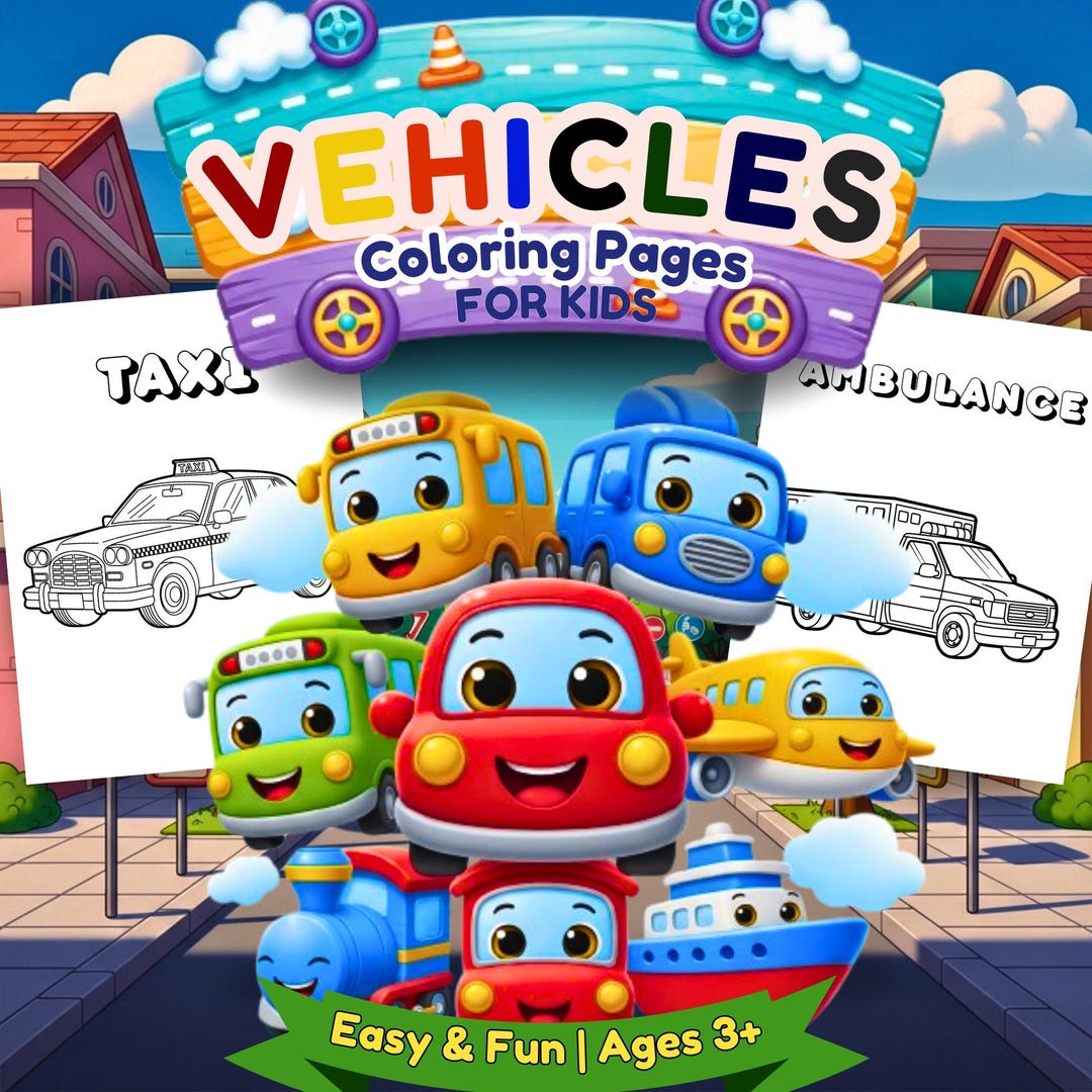 Vehicles Coloring Book for Kids, Cute Transportation Coloring Pages ...