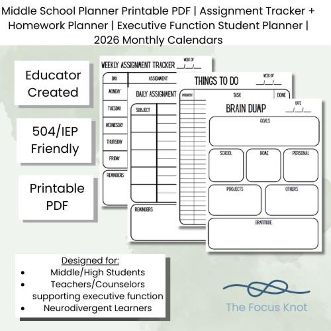 Middle School Planner Printable PDF | Assignment Tracker + Homework ...