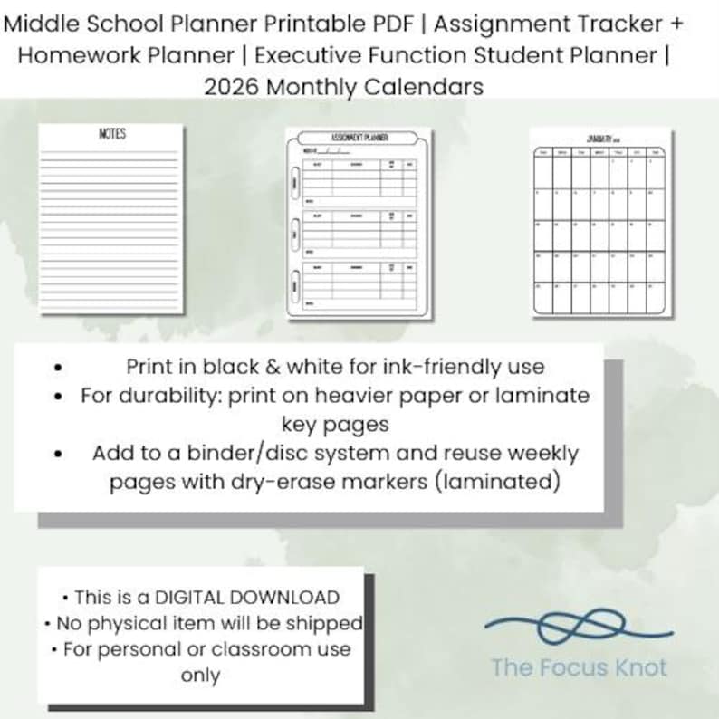 Middle School Planner Printable PDF | Assignment Tracker + Homework ...