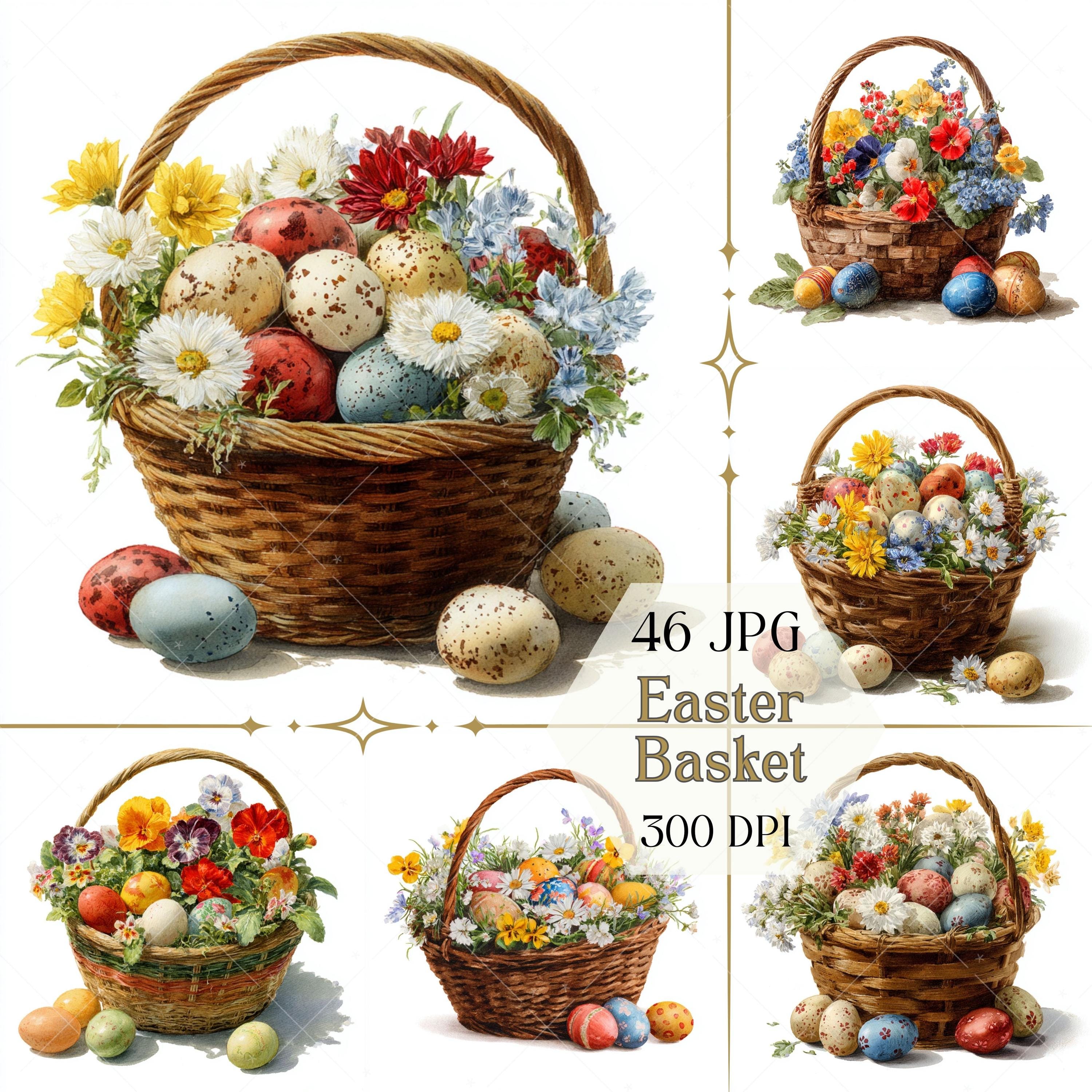 Watercolor Easter Basket Clipart JPG, Floral Basket With Eggs & Flowers ...
