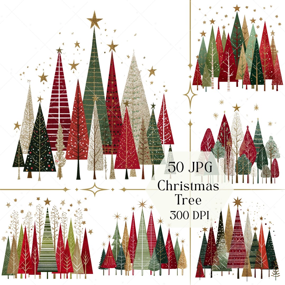 Festive Christmas Tree Clipart JPG, Magical Holiday Illustrations ...