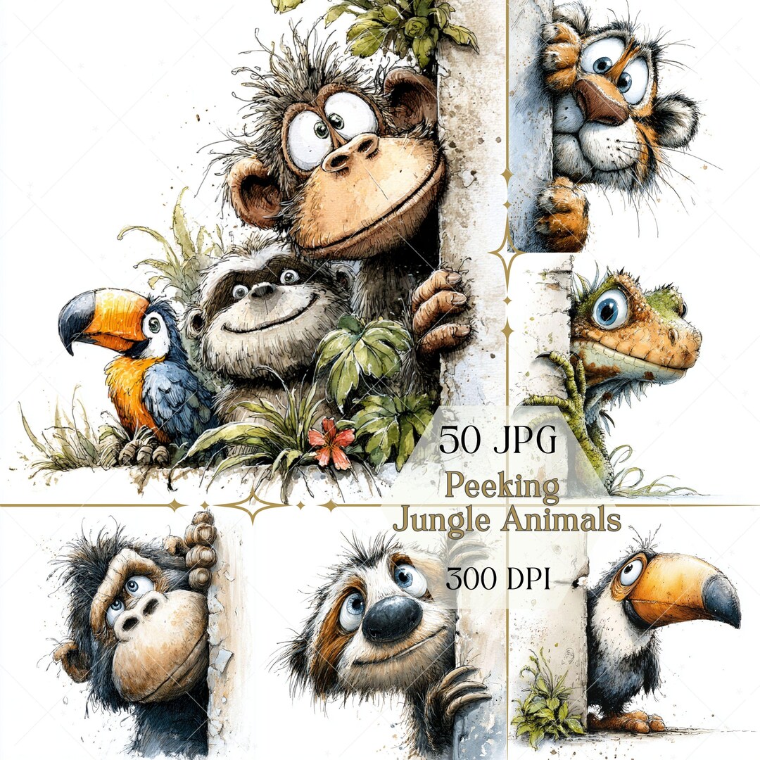 Whimsical Peeking Jungle Animals JPG Bundle, Funny Monkey Sloth Tiger ...