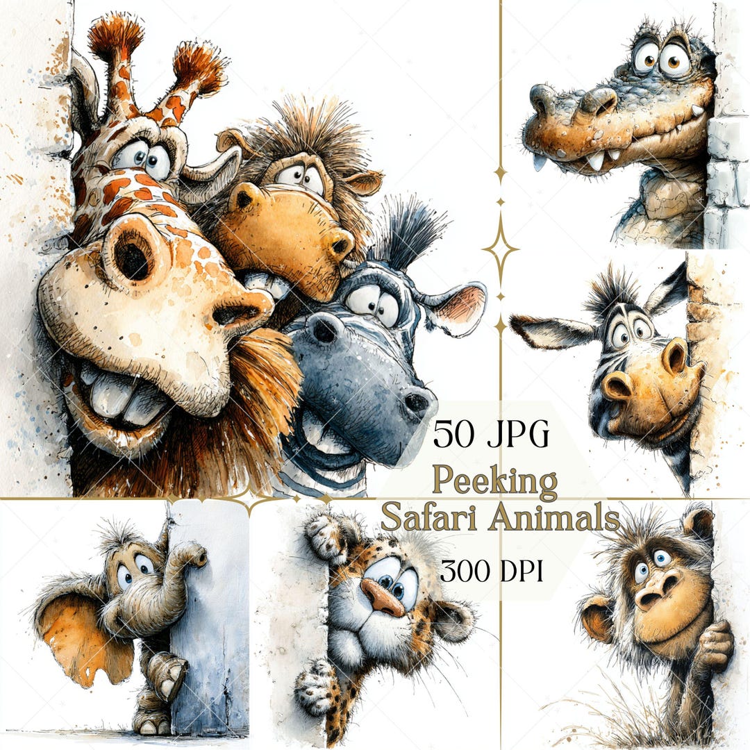 Whimsical Safari Animals JPG Bundle, Funny Giraffe, Lion, Elephant and ...