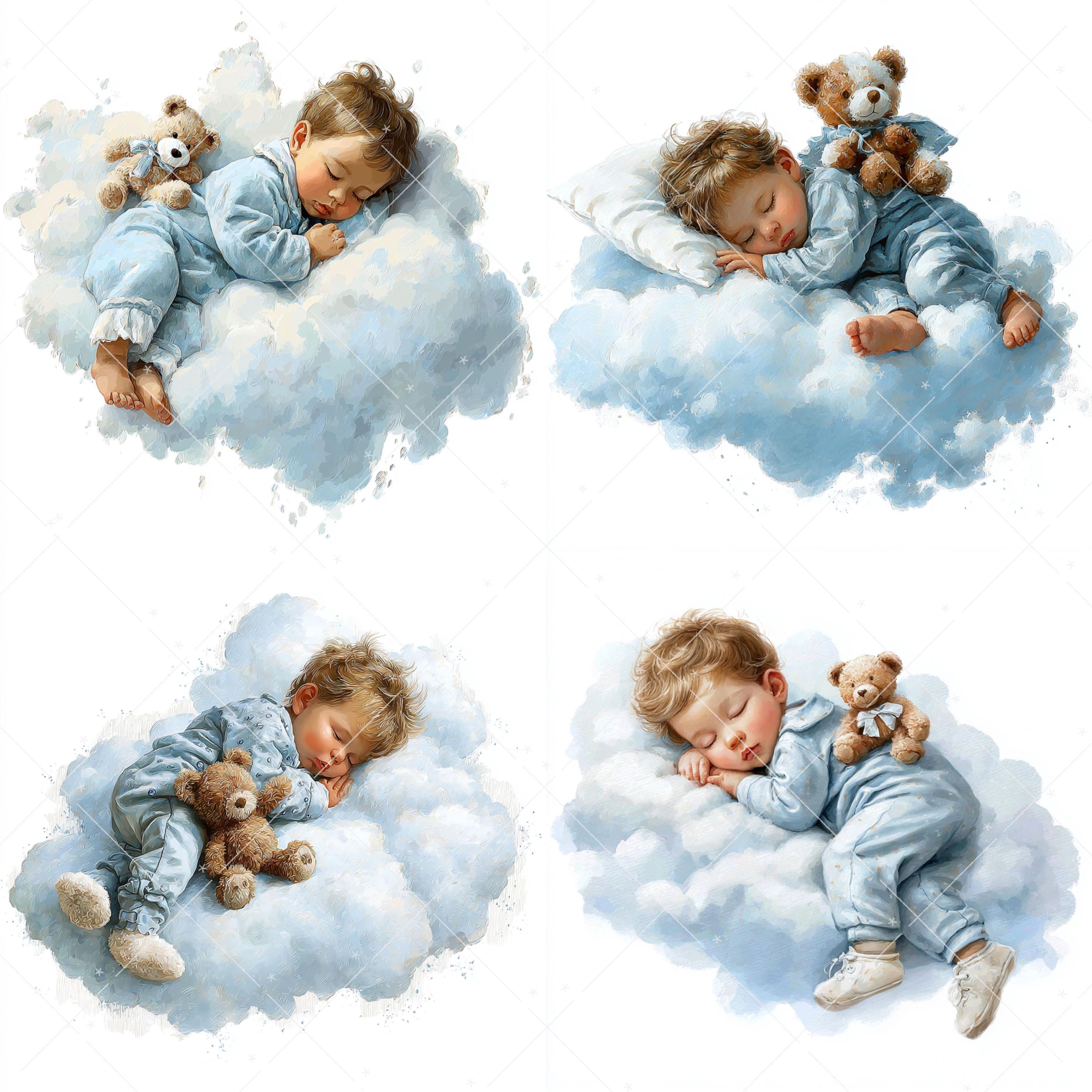 Cute Sleeping Baby Boy Clipart JPG, Watercolor Baby on Cloud With Teddy ...