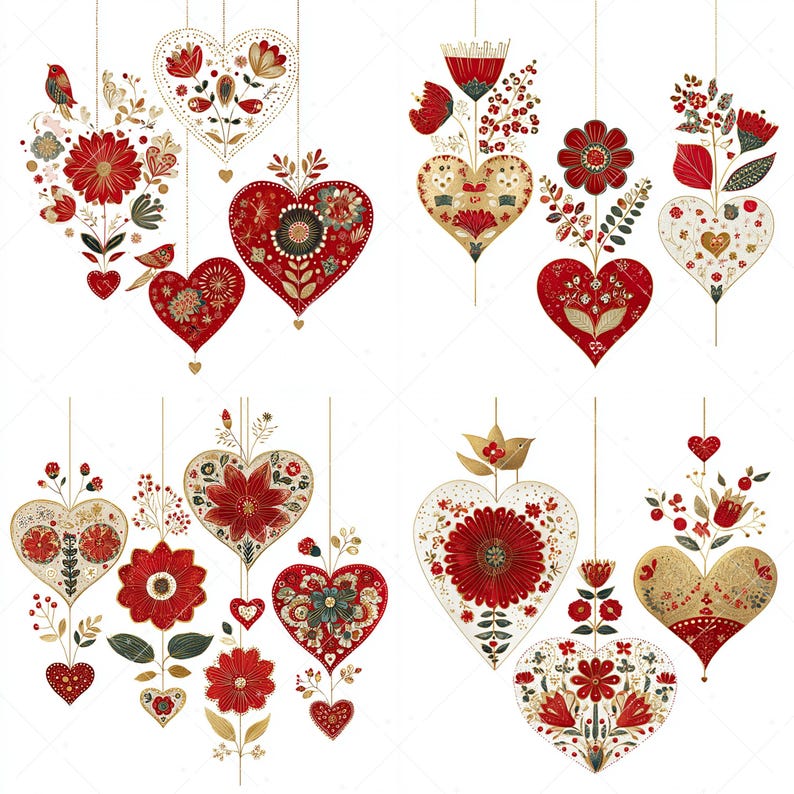 Scandinavian Folk Art Valentine Clipart JPG, Nordic Hearts and Floral ...
