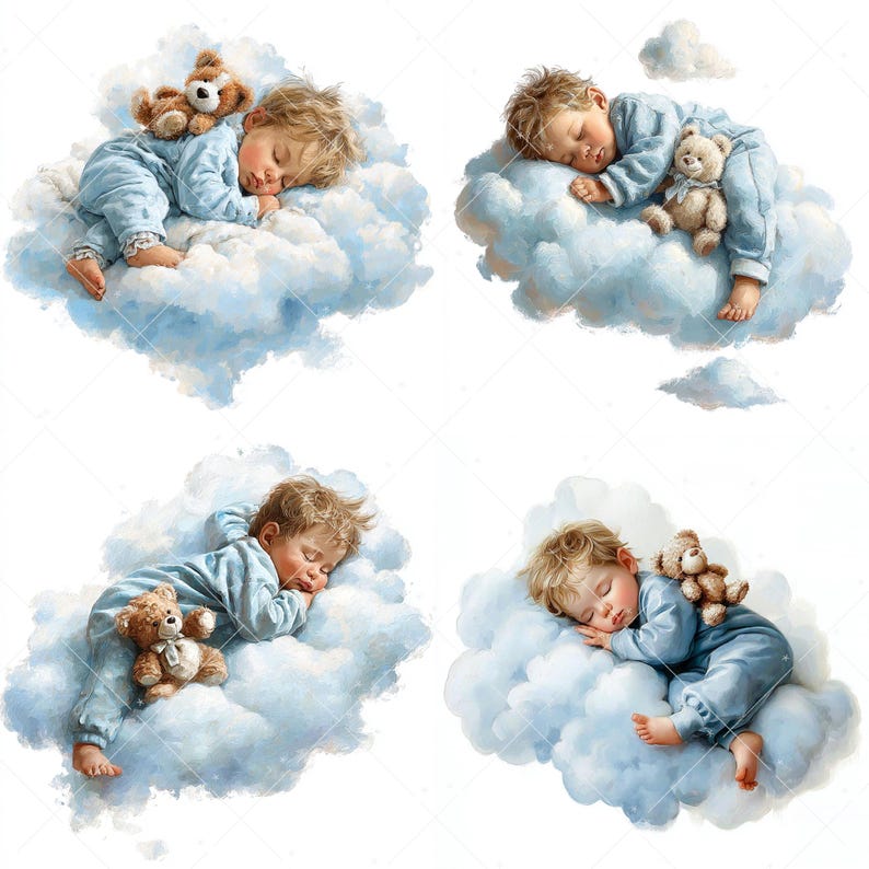 Cute Sleeping Baby Boy Clipart JPG, Watercolor Baby on Cloud With Teddy ...