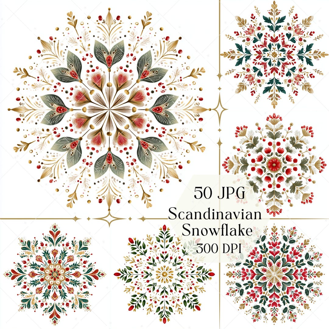 Scandinavian Snowflake Clipart JPG, Elegant Nordic Christmas Artwork ...