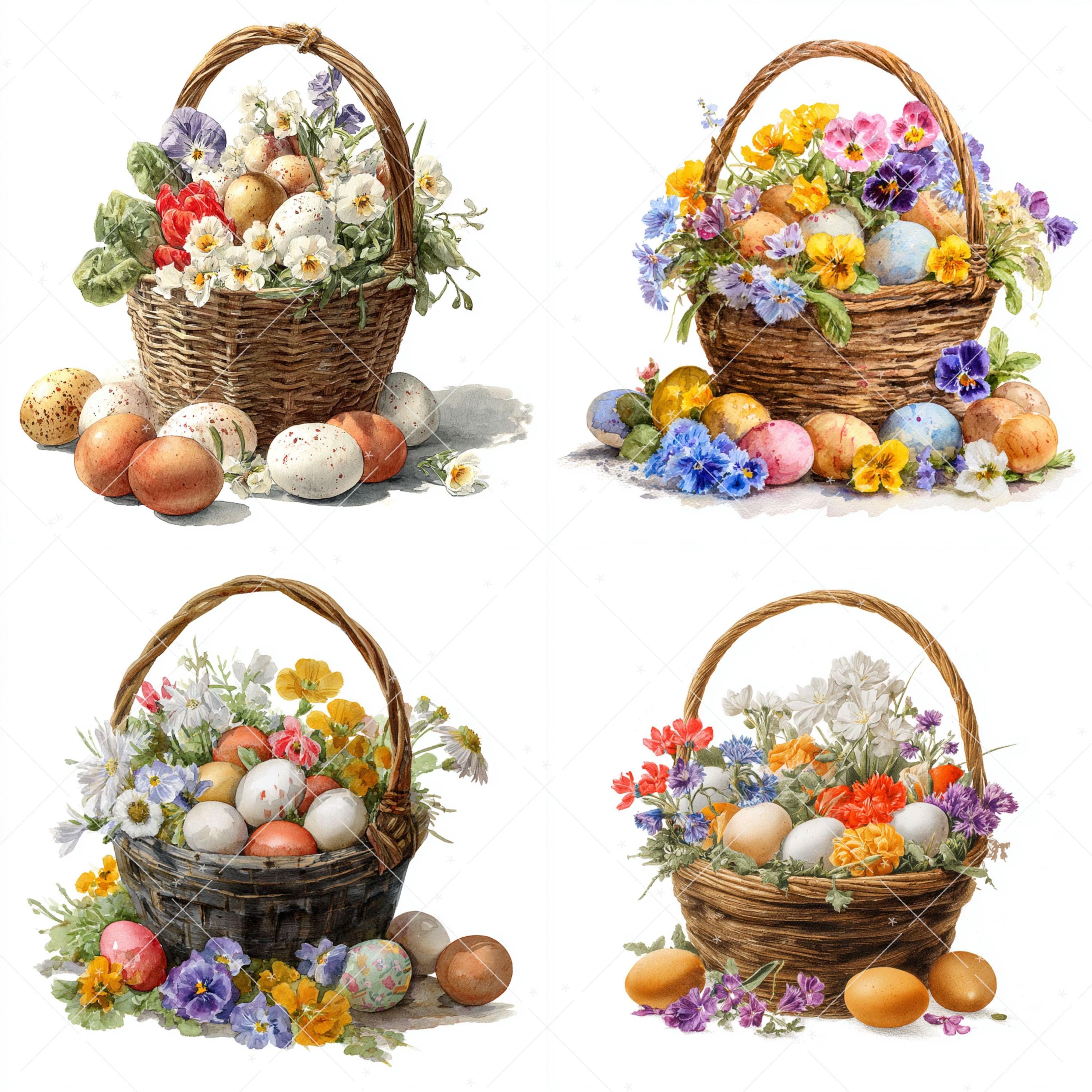 Watercolor Easter Basket Clipart JPG, Floral Basket With Eggs & Flowers ...