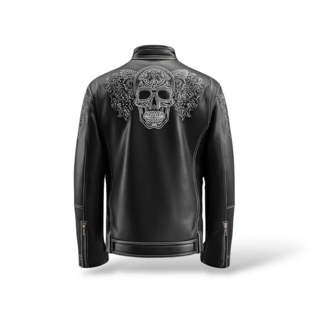 Men’s Black Skull Print Leather Biker Jacket – Café Racer Motorcycle ...