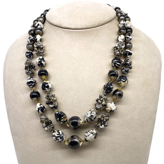 Vintage Two-Strand Necklace - Black & White Marbled B… - Gem
