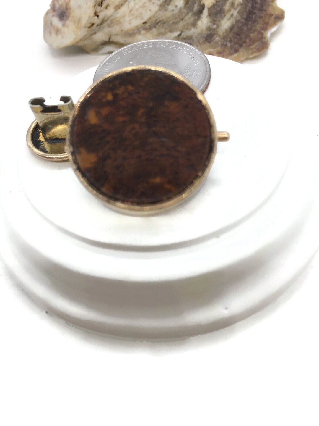 Antique Collar Button Stud Brown Dendritic Agate Gemstone Bezel Set in Gold Tone Base Metal Snap ...