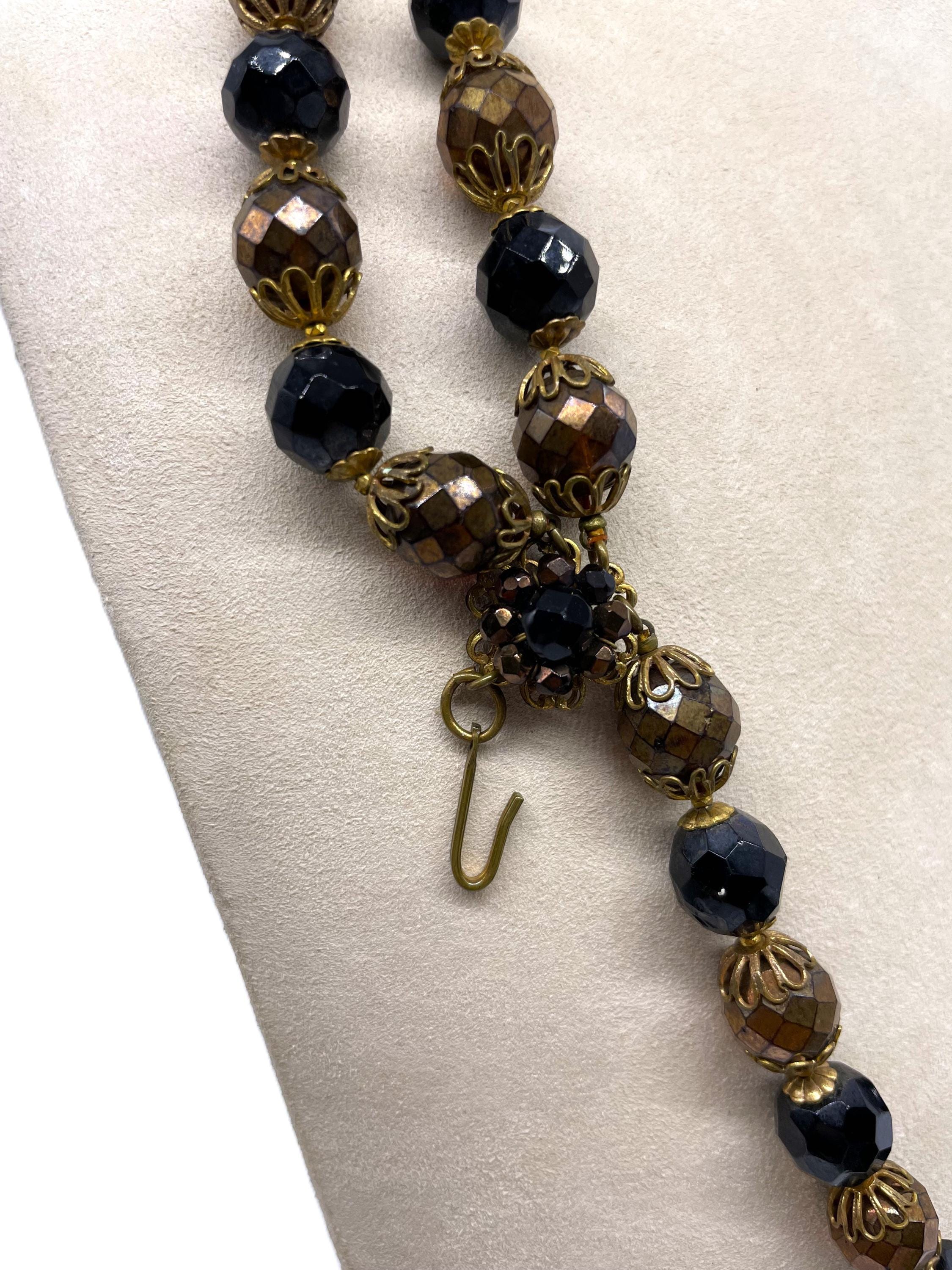 Elegant Triple-strand Choker With Black & Bronze Glass Beads and Gold ...