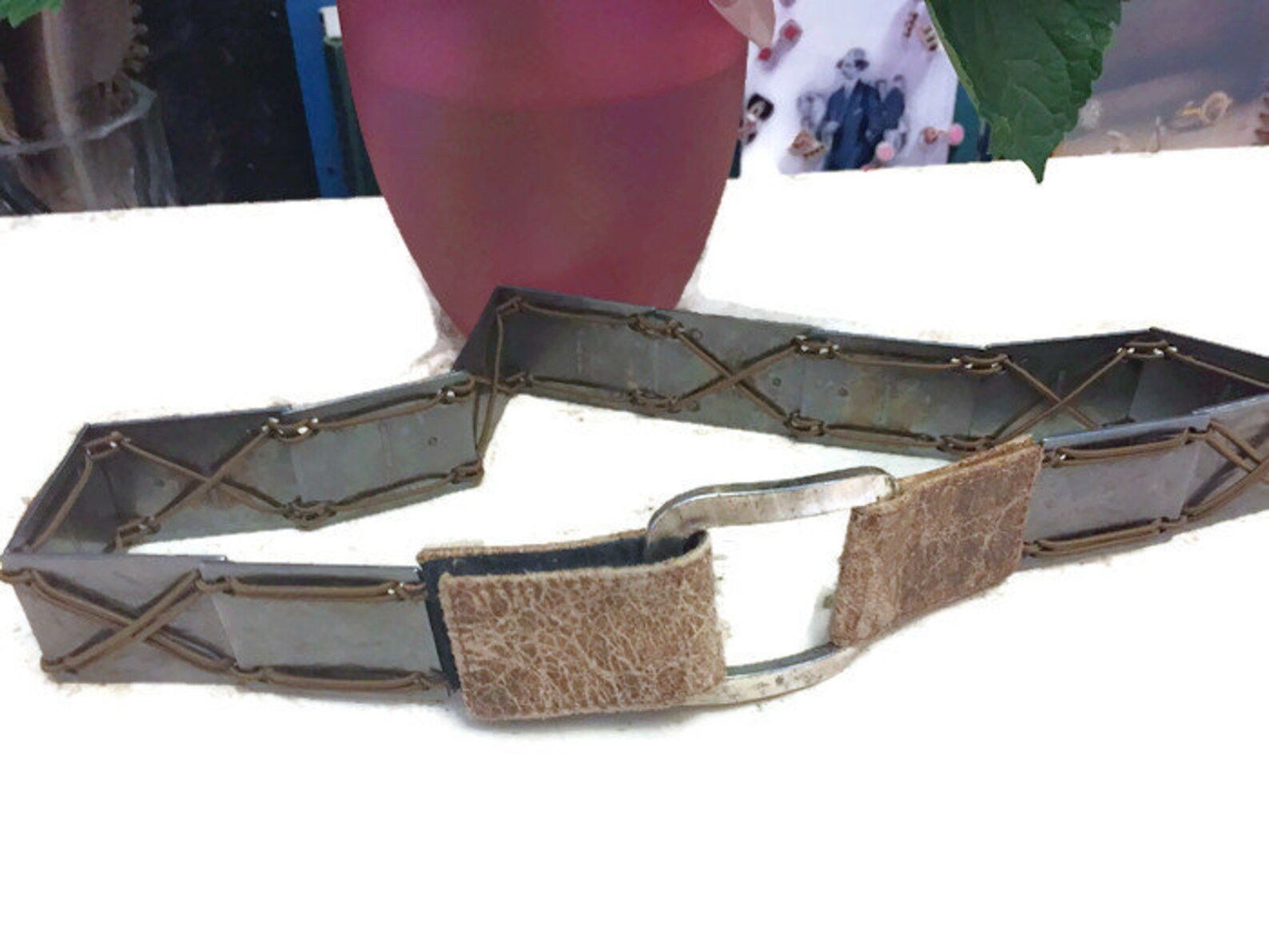 Vintage Suzi Roher Belt Distressed Brown Leather Brown Elastic Cord 13 ...