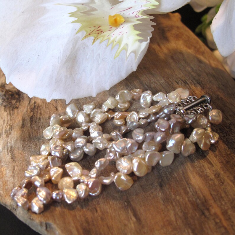 Cultured Freshwater Keshi Pearl 3-strand Bracelet, Peach, White, Pale ...