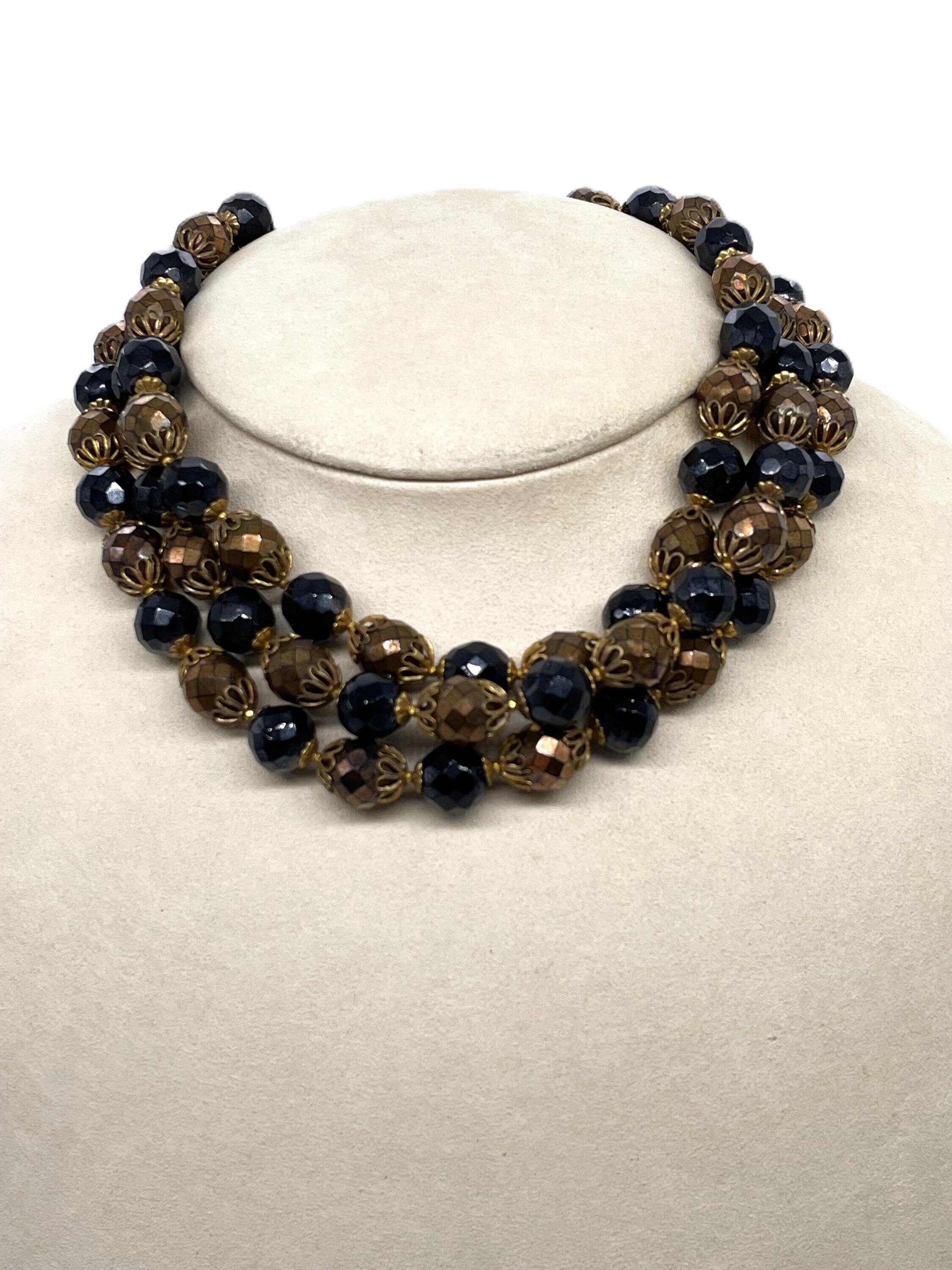 Elegant Triple-strand Choker With Black & Bronze Glass Beads and Gold ...