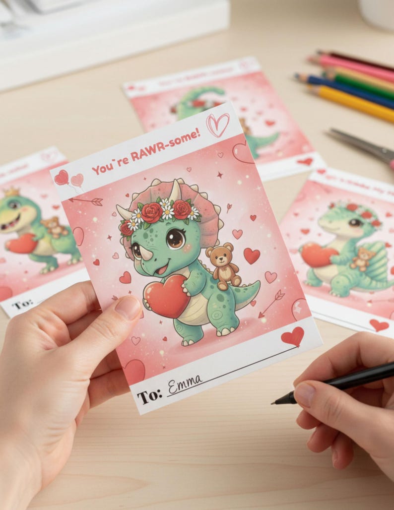 Printable Dinosaur Valentine's Day Cards for Kids, Classroom Valentine ...