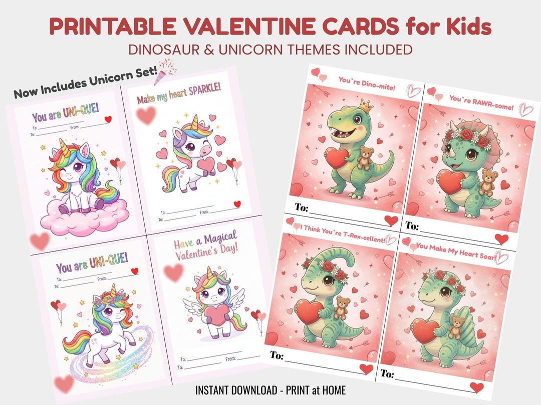 Printable Dinosaur - Unicorn Valentine Cards for Kids | Classroom ...