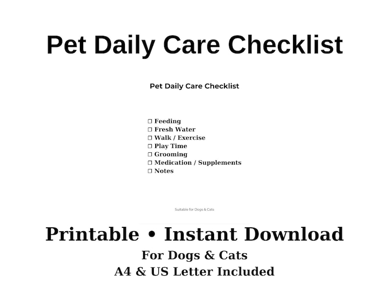 Printable Daily Pet Care Checklist for Dogs & Cats | Pet Routine ...