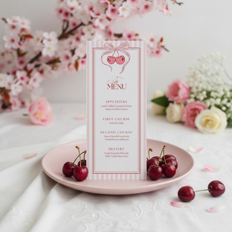 Editable Cherry Menu Template, Coquette Pink Party Menu, Baby Shower or ...