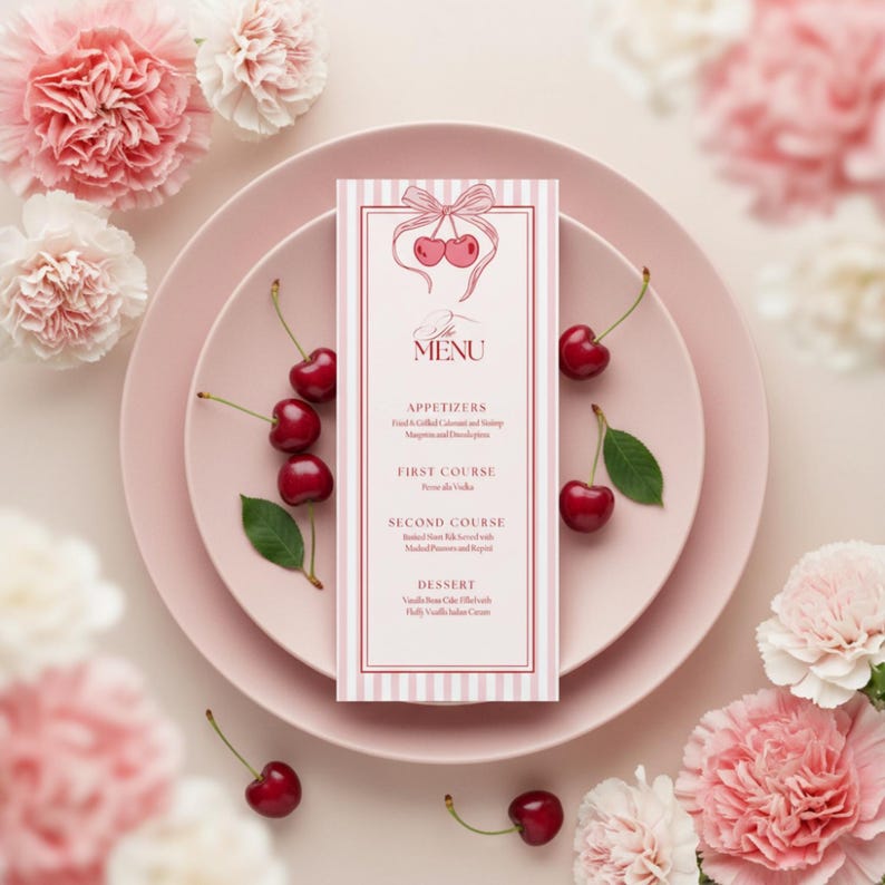 Editable Cherry Menu Template, Coquette Pink Party Menu, Baby Shower or ...