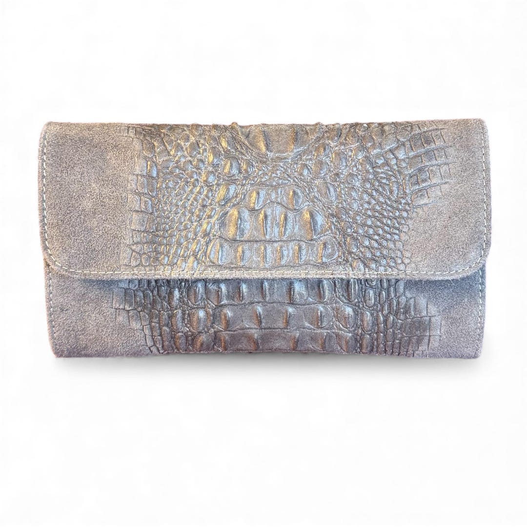Gray Suede and Croc Leather Clutch - Etsy