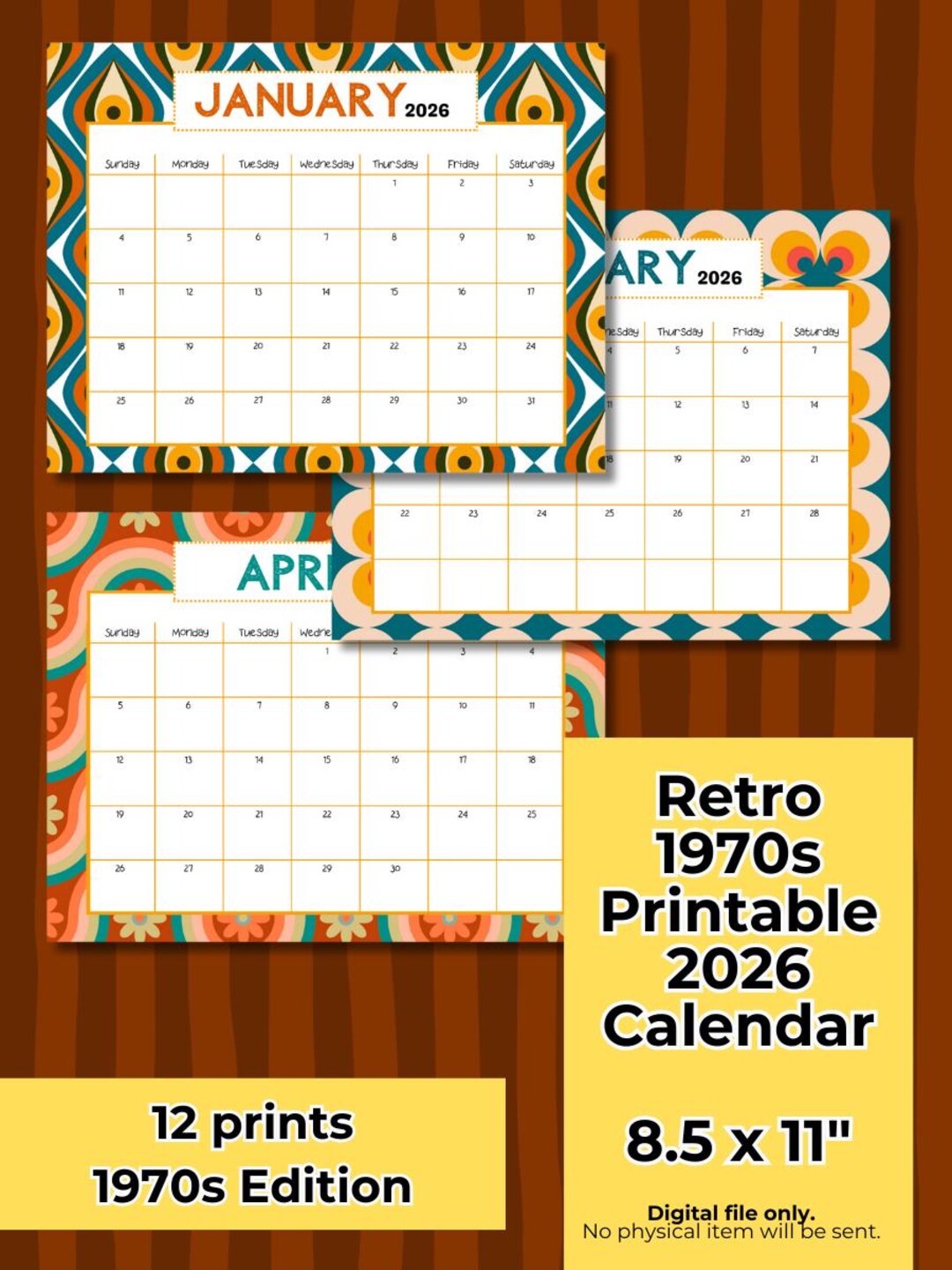 2026 Printable Calendar | Retro 1970s Printable Calendar | Vintage ...