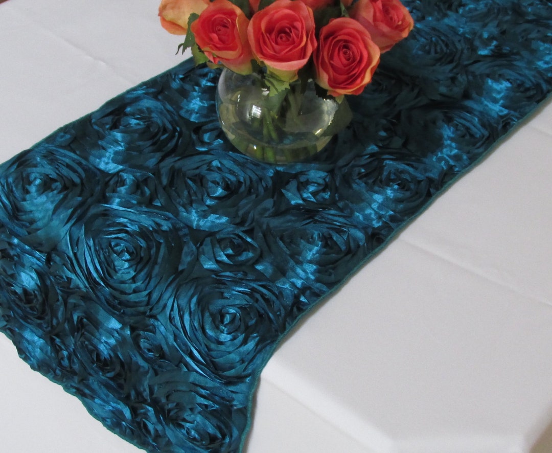 Satin Rosette Table Runner Dark Teal Peacock Satin Rosette Wedding ...