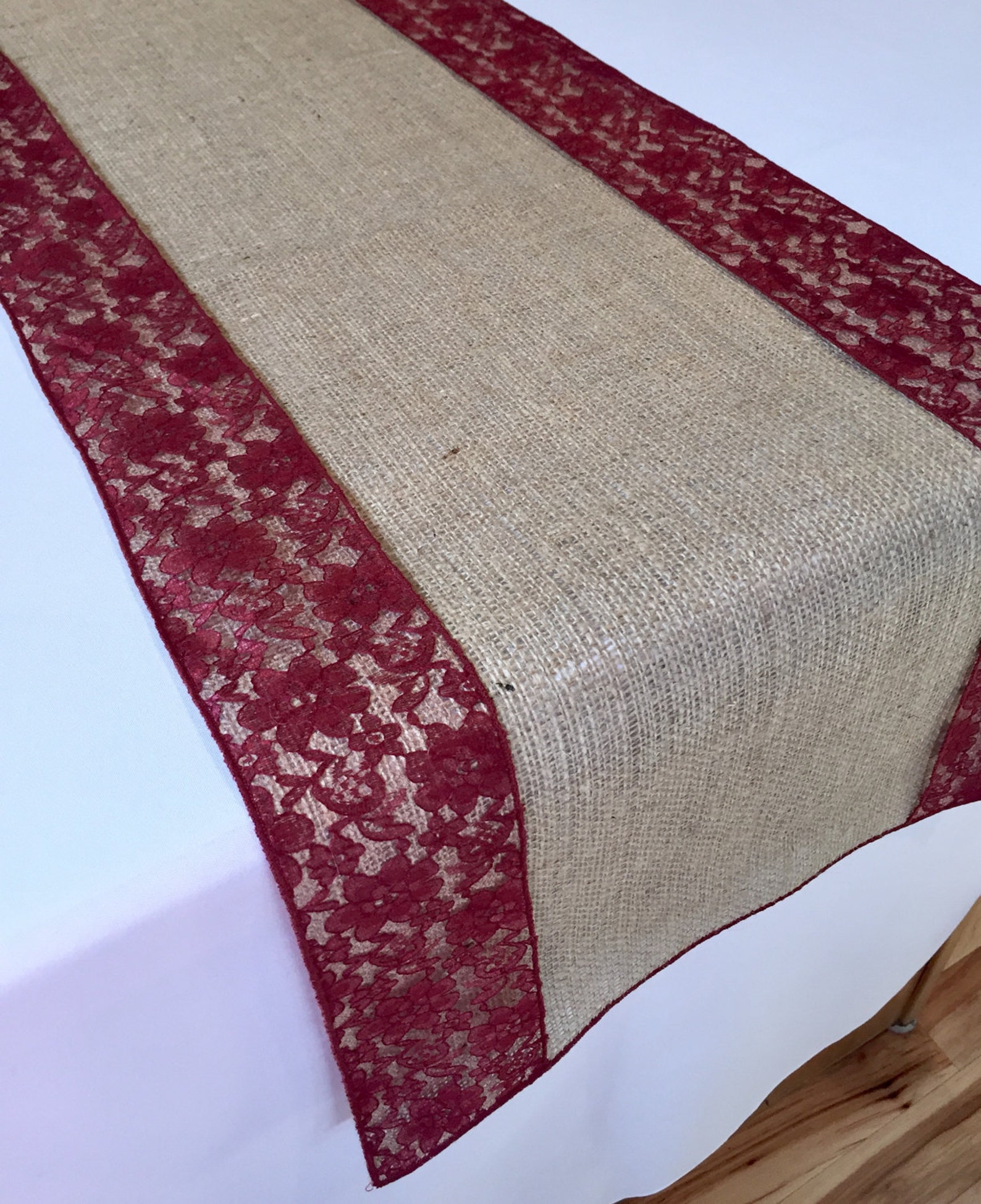 Burlap and Lace Table Runner Wedding Burlap and Burgundy Lace Table ...