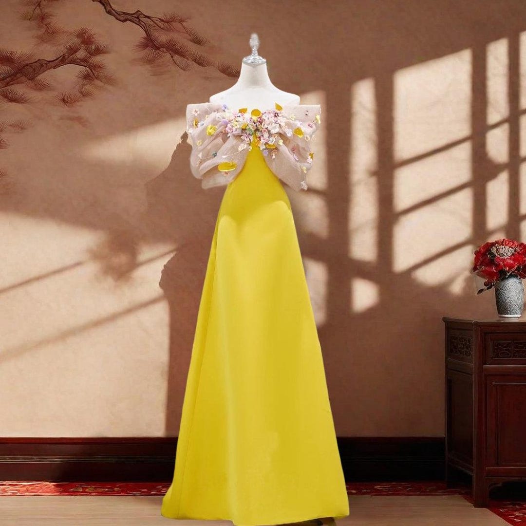 Super Fairy 3D Flower Dressing Gown, High End Prom Dress , Yellow ...