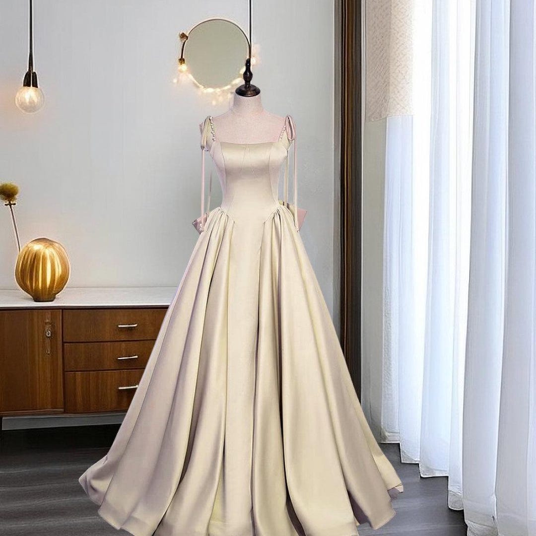 Champagne Gold Princess Prom Dress, Elegant Evening Dress, Bow Tie ...