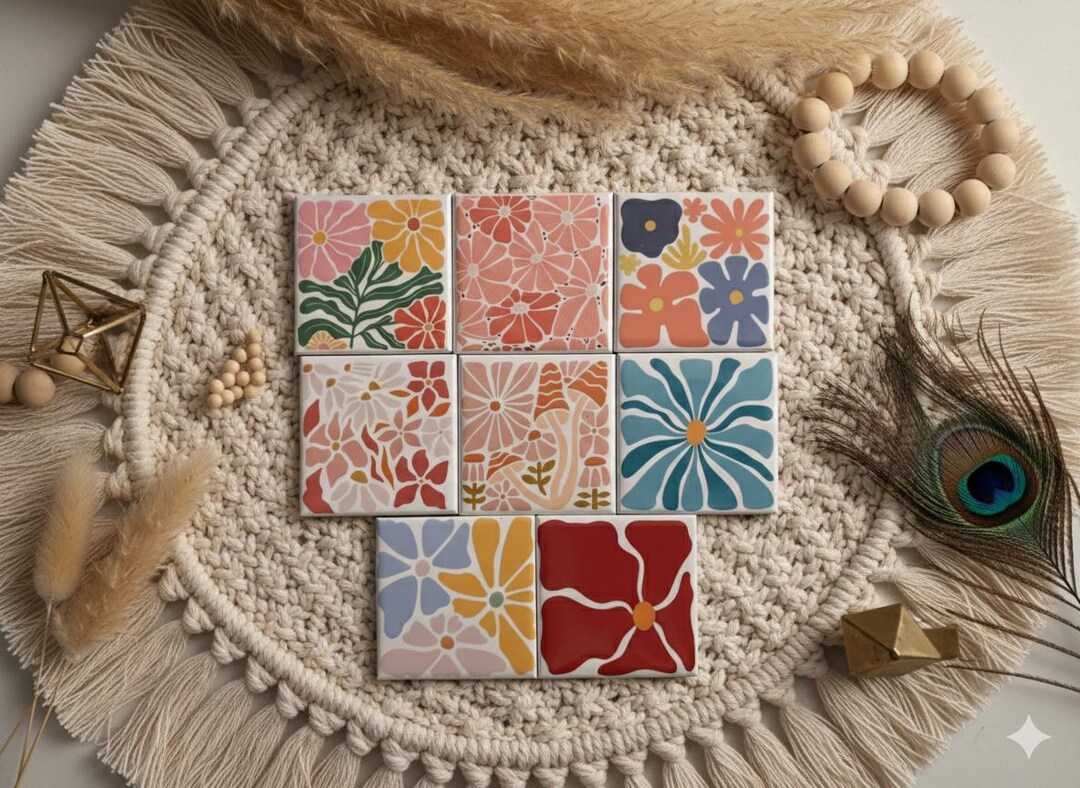 Retro Floral Ceramic Magnets - Set of 8 Boho Daisy Fridge Magnets - 2x2 ...