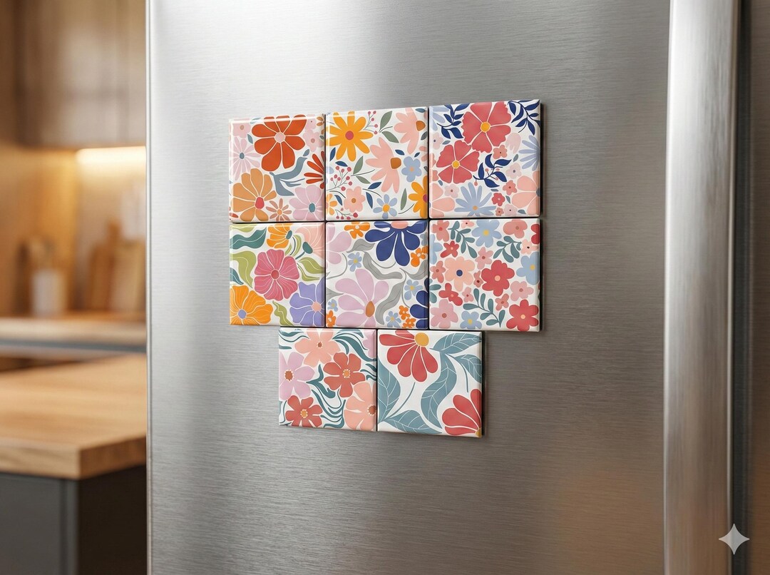 Boho Floral Fridge Magnets | Retro Aesthetic Square Magnets | Cute ...