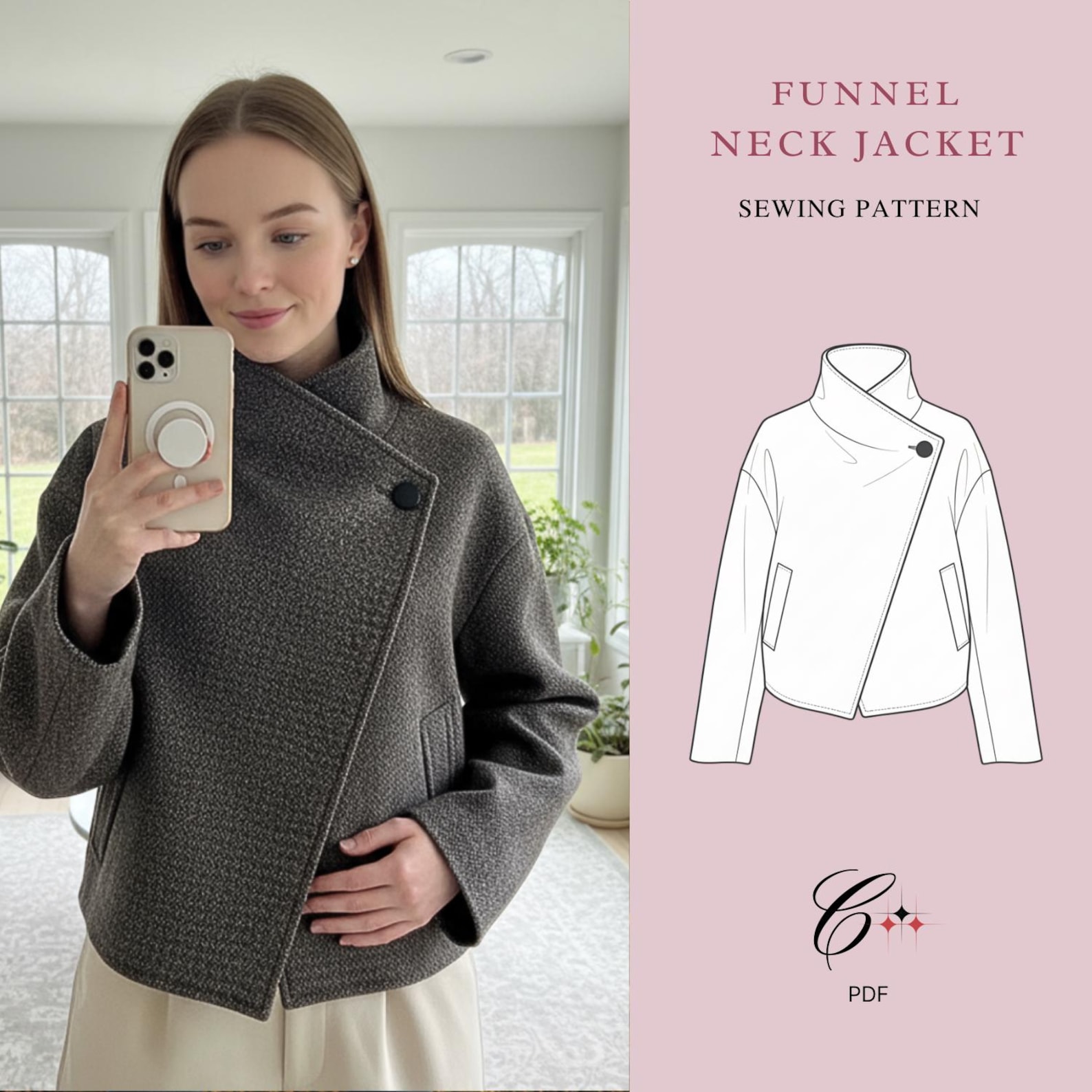 Funnel Neck Jacket Sewing Pattern | Beginner Friendly, Sizes XXS-4XL ...
