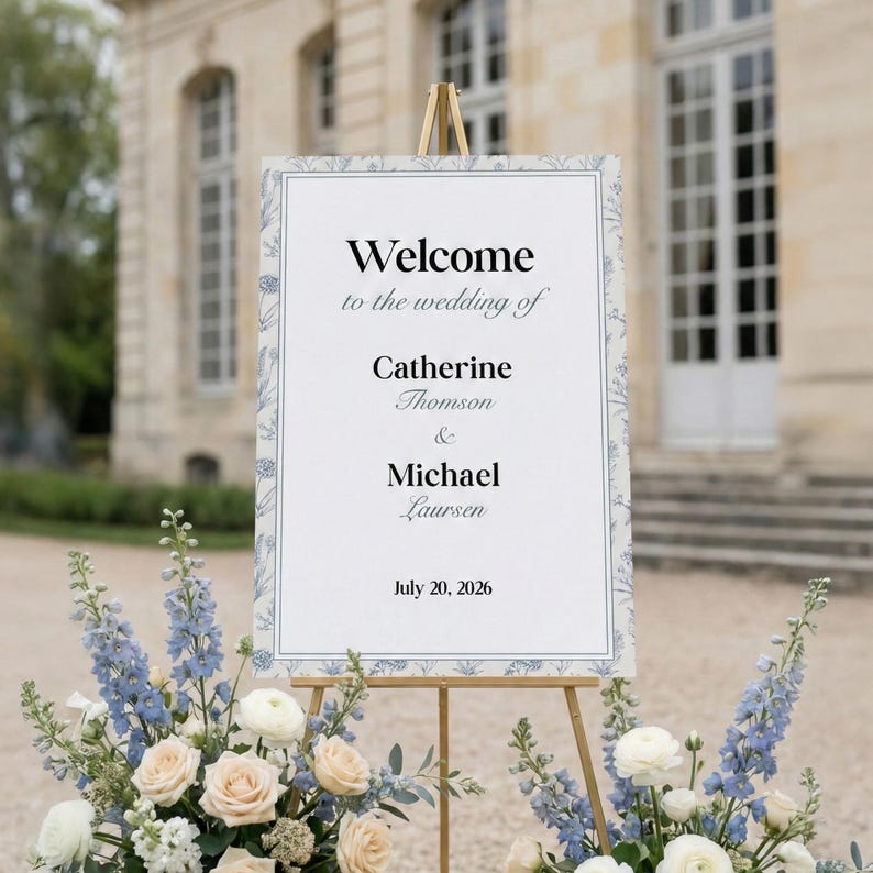 Blue Floral Wedding Welcome Sign, Porcelain Garden Collection, Editable ...