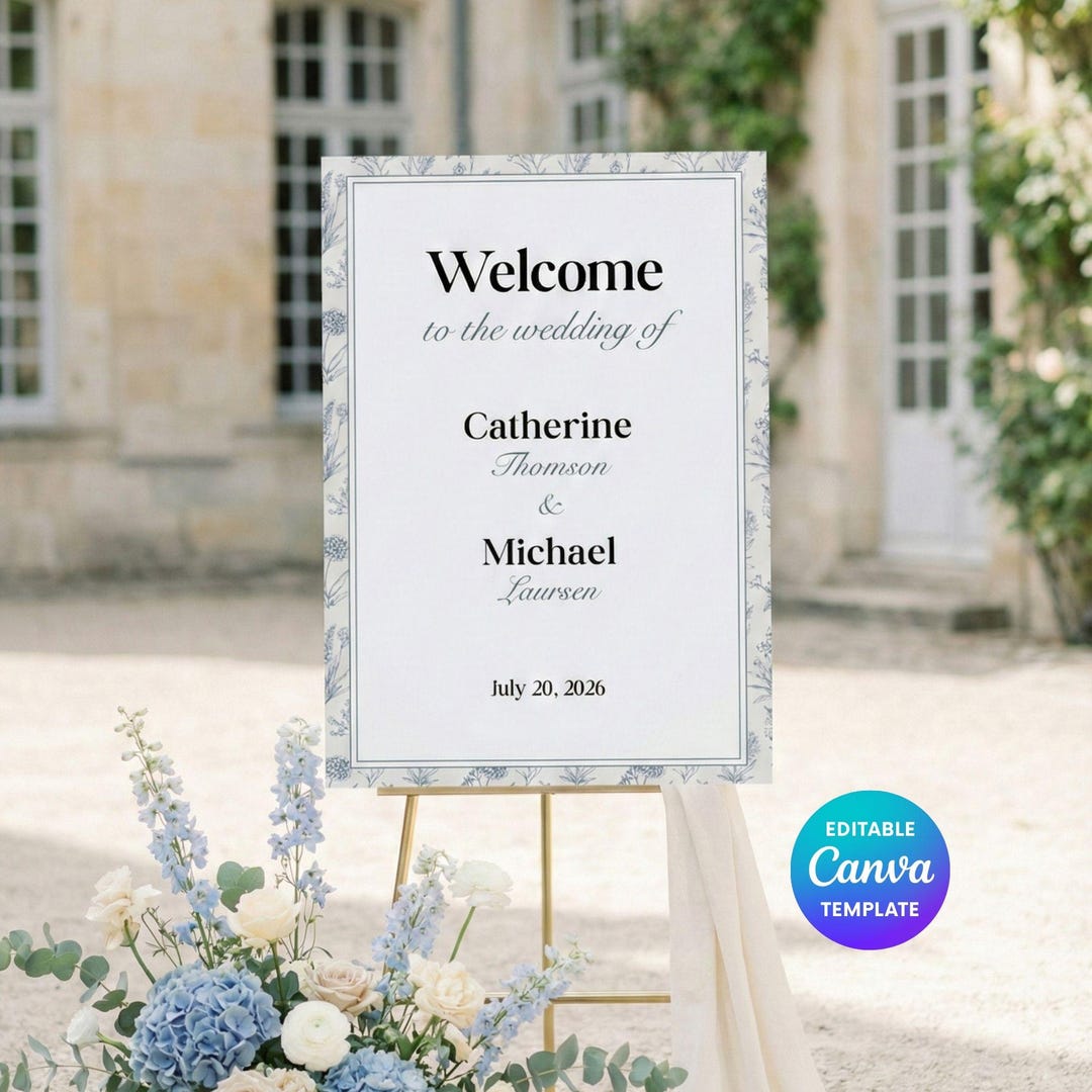 Blue Floral Wedding Welcome Sign, Porcelain Garden Collection, Editable ...