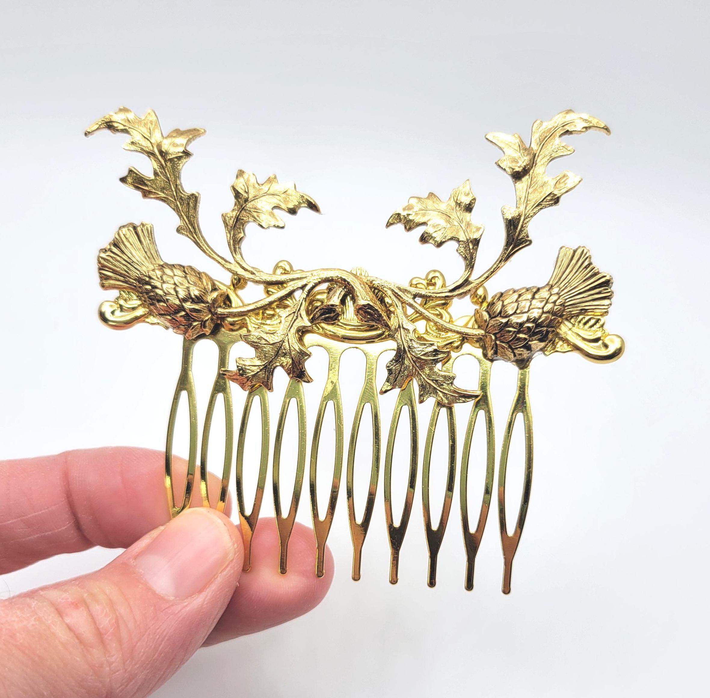 Gold Thistle Hair Comb, 24K Gold Plated Brass, Scottish Bridal Hair ...